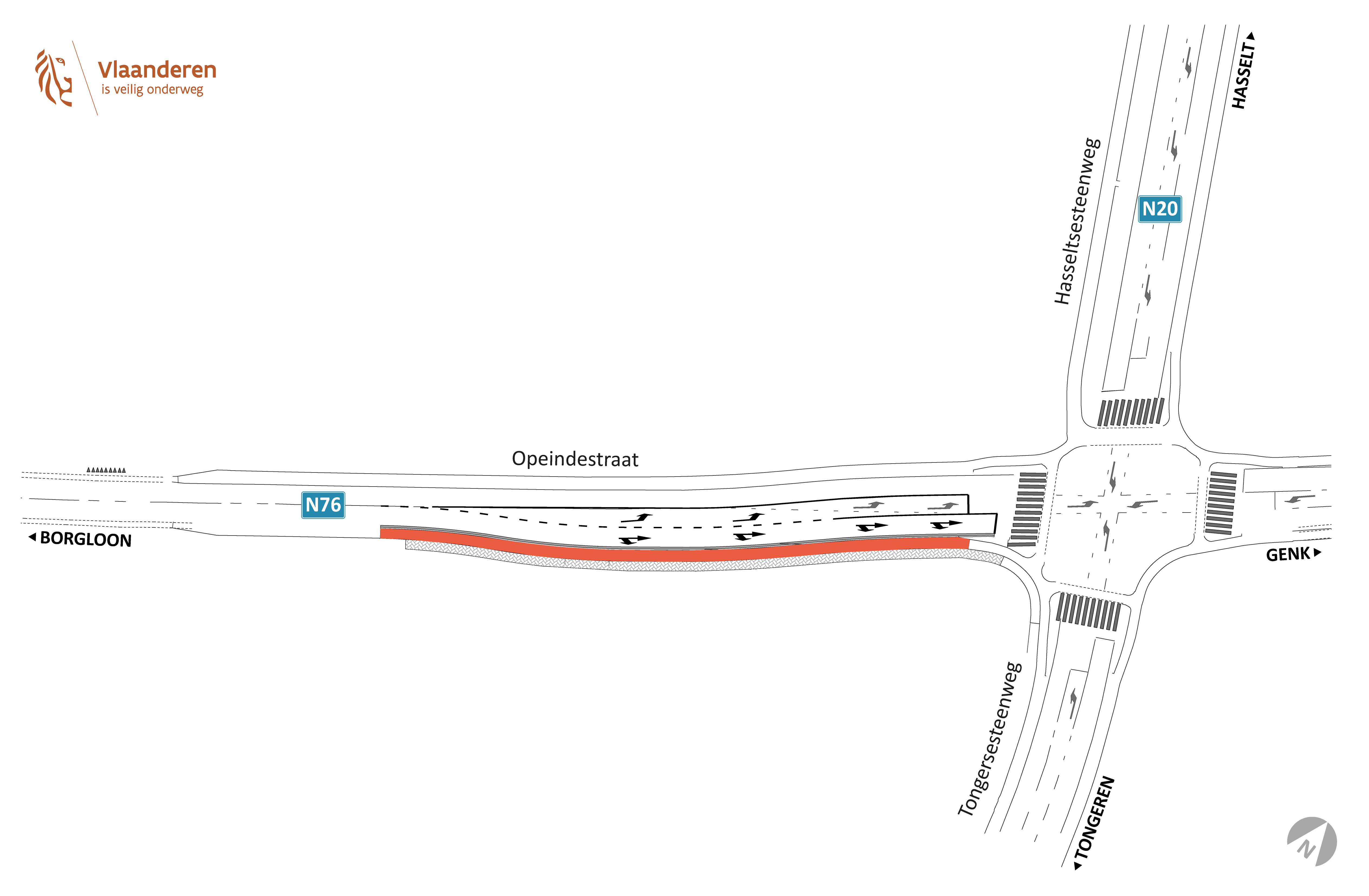 Langere afslagstrook op Opeindestraat (N76) richting Hasselt (N20 ...